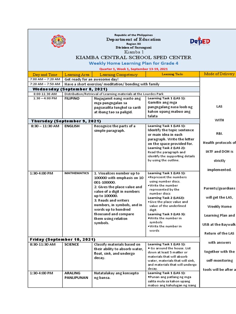 Kiamba Central School Sped Center: Weekly Home Learning Plan For Grade ...