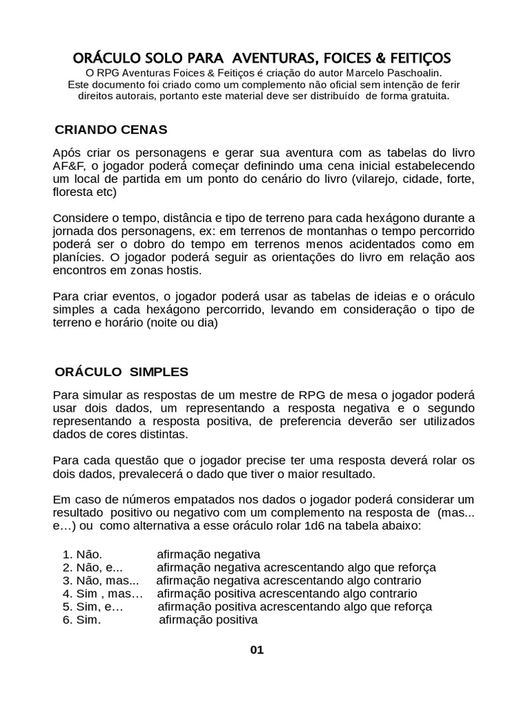 Oraculo e Tabelas Solo para o AF&F | PDF | Oráculo | Jogos de RPG