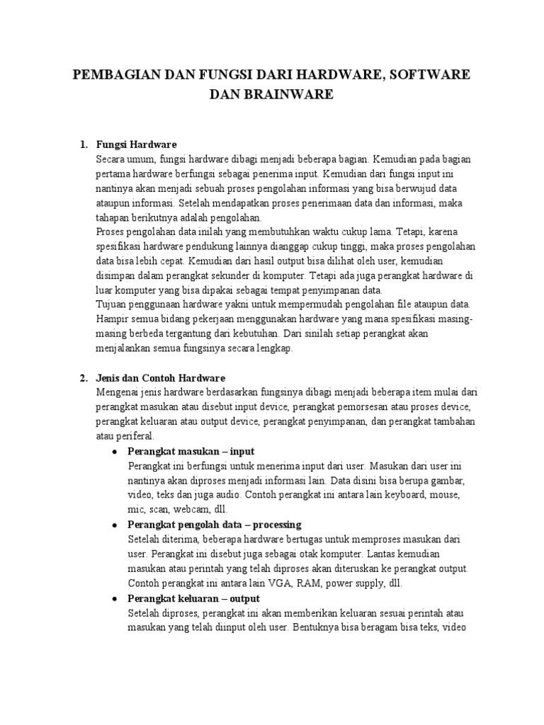 Fungsi dan Jenis Hardware, Software, Brainware | PDF