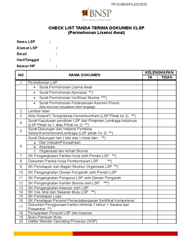 Form Checklist Tanda Terima Dokumen CLSP (Permohonan Lisensi Awal) | PDF
