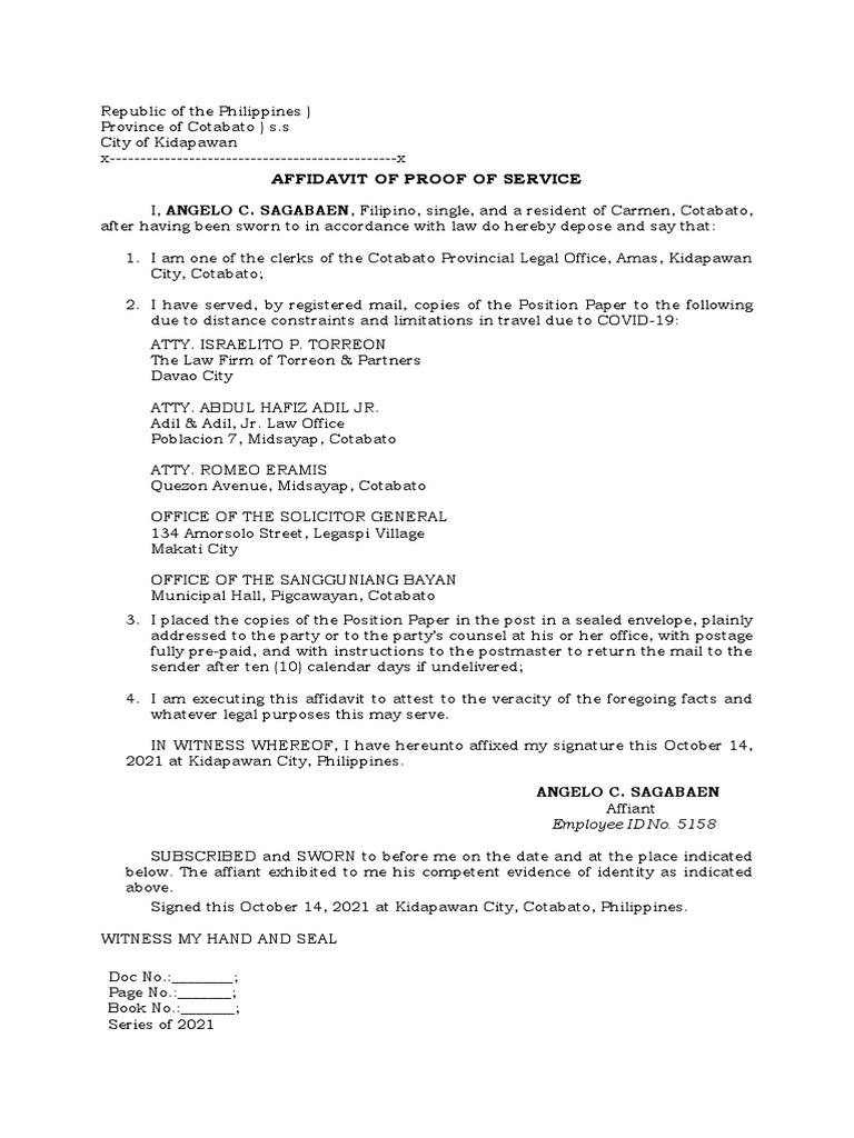 Affidavit of Proof of Service Sample | PDF