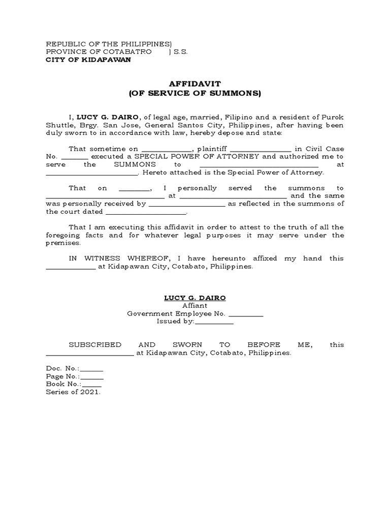 Affidavit of Service of Summons | PDF