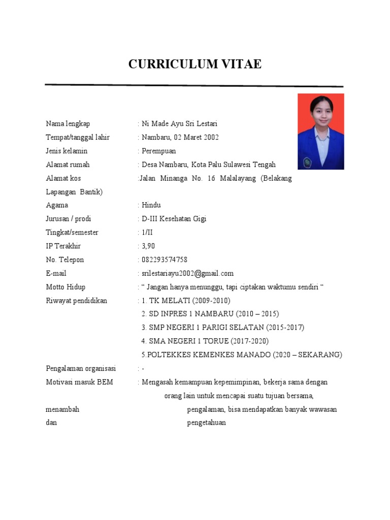 Contoh CV untuk Pendaftaran BEM | PDF