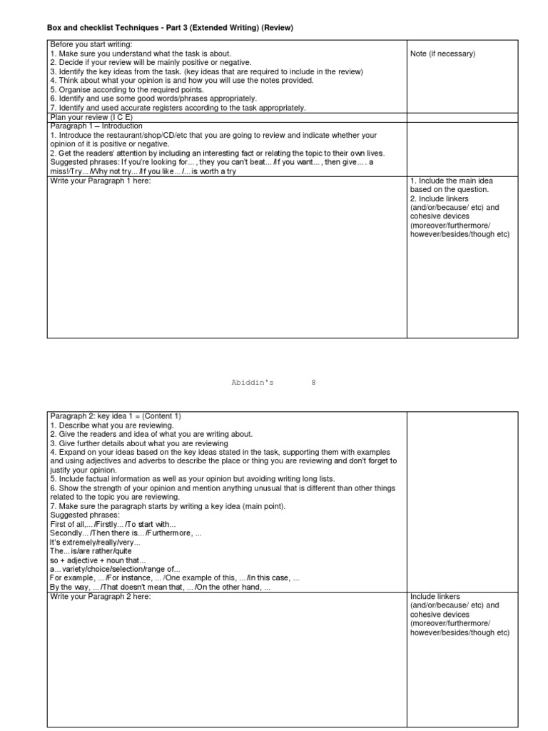 Box and Checklist Techniques - Part 3 (Extended Writing) (Review) | PDF ...