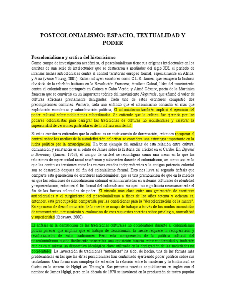 POSTCOLONIALISMO | PDF | Poscolonialismo | Conocimiento