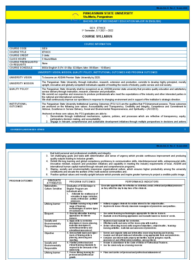 Ethics Syllabus ISO 09052020 | PDF | Learning | Educational Assessment