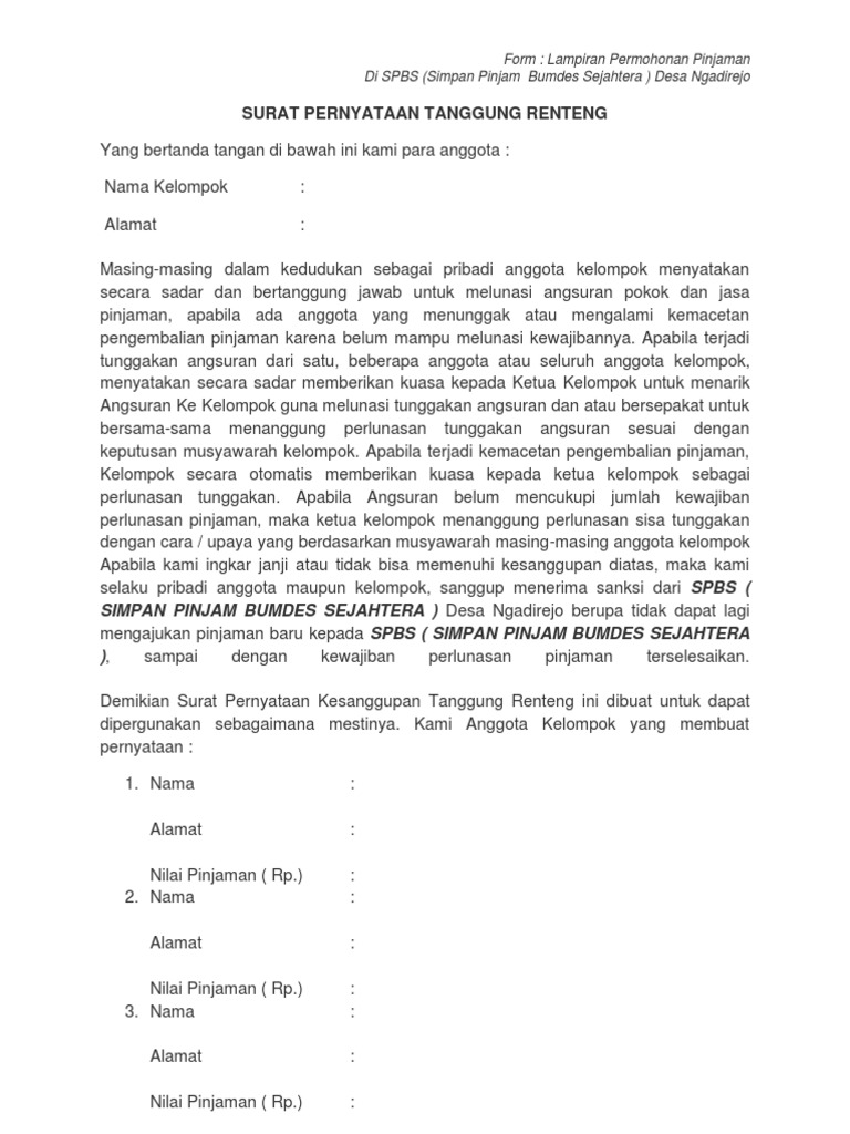 FORM PINJAMAN SPBS (SIMPAN PINJAM BUMDES SEJAHTERA) - Dikonversi | PDF