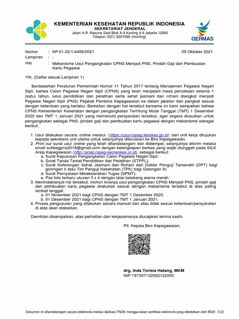 Mekanisme Usul Pengangkatan Cpns Menjadi PNS, Pindah Gaji Dan Pembuatan Karpeg | PDF
