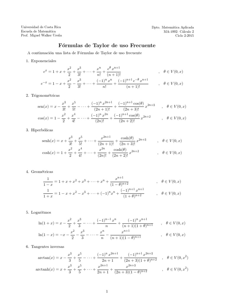Tabla 1. Fórmulas de Taylor de Uso Frecuente | PDF | Funciones y mapeos ...