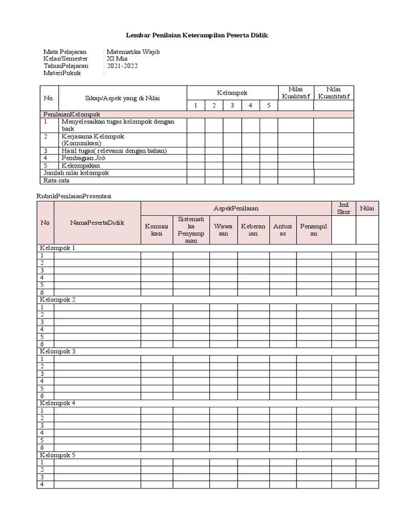 Lembar Penilaian Keterampilan Diskusi Dan Presentasi Peserta Didik Pdf