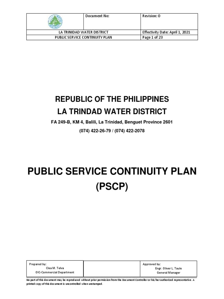 Public Service Continuity Plan (PSCP) : Republic of The Philippines La ...