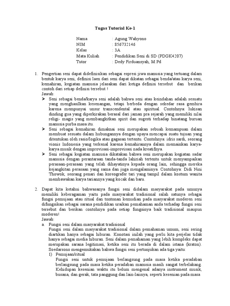 Tugas Tutorial 1 Pendidikan Seni SD (Yuni Wulandari) - Dikonversi | PDF