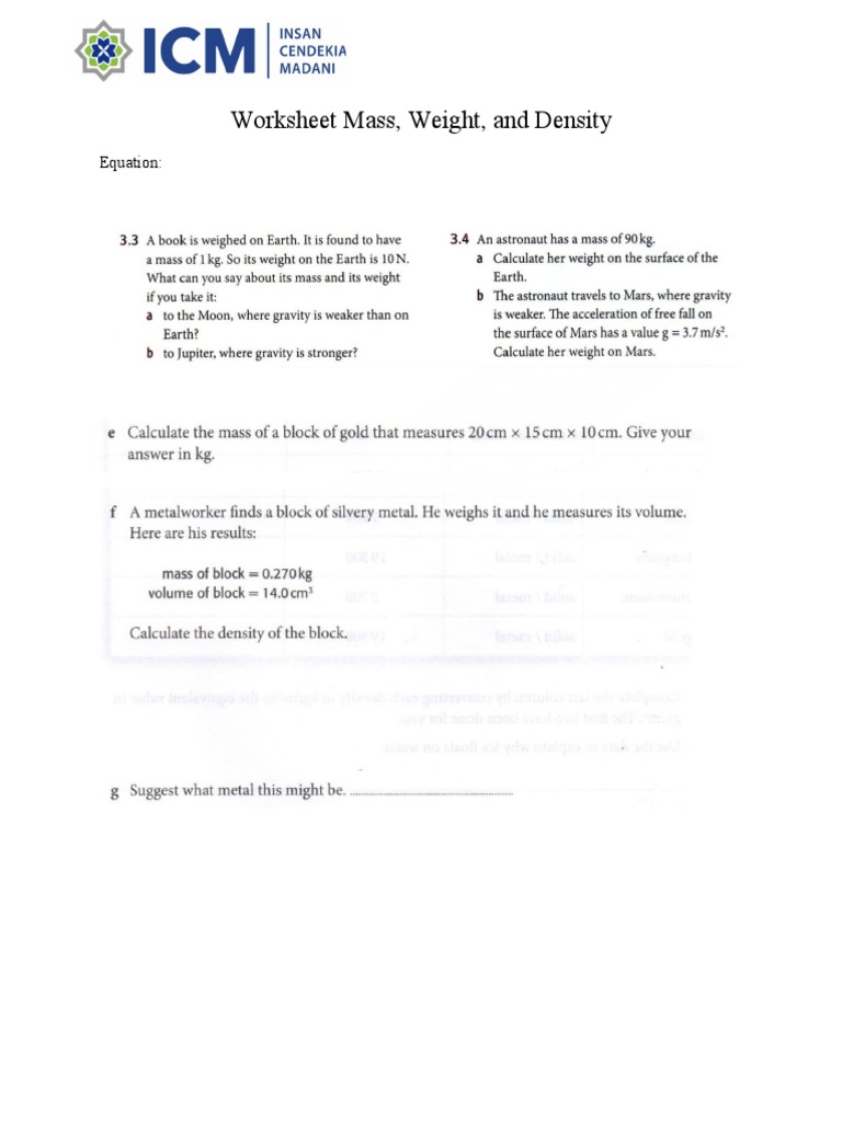 Worksheet Mass, Weight, and Density | PDF