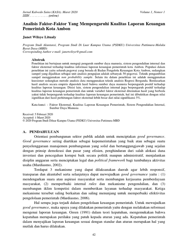 Analisis Faktor-Faktor Yang Mempengaruhi Kualitas Laporan Keuangan Pemerintah Kota Ambon | PDF