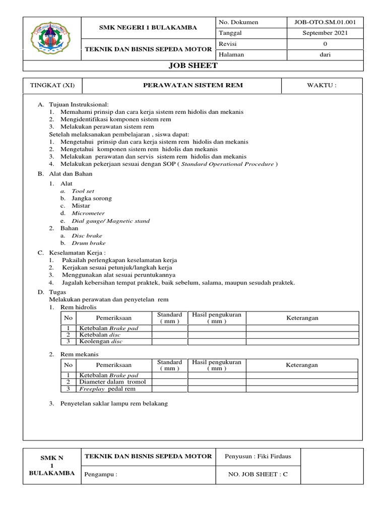 Jobsheet Chasis Kelas XI 2021 (Gasal) | PDF