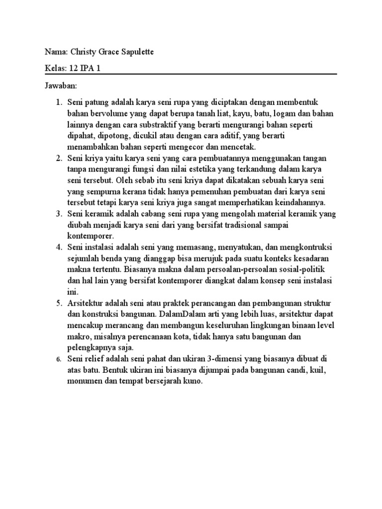 Tugas Senibudaya 3 Dimensi - Christy Grace Sapulette | PDF | Ilmu Sosial | Seni