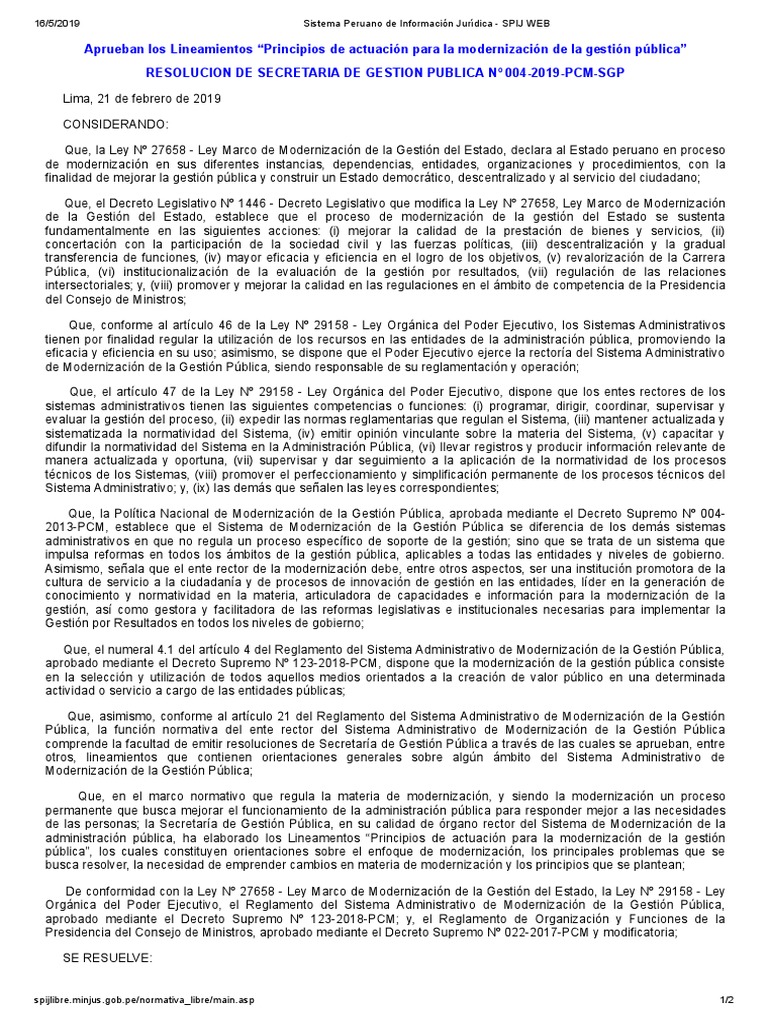 RSGP 004-2019-PCM-SGP | PDF | Administración Pública | Regulación