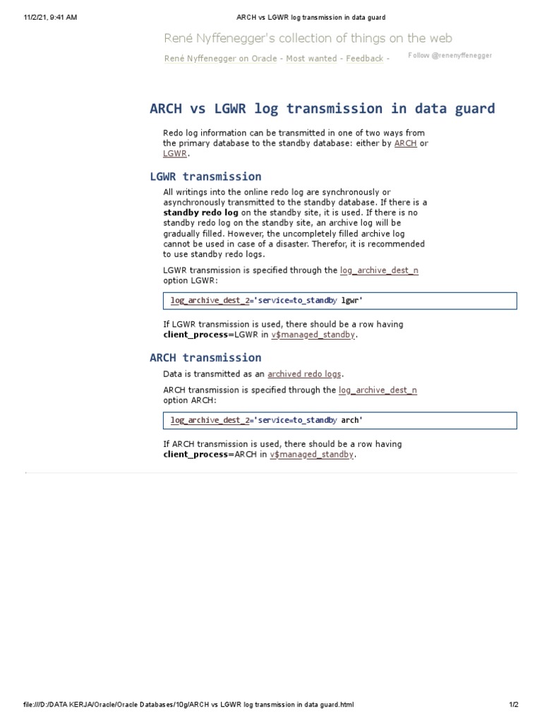 ARCH vs LGWR in Data Guard | PDF | Computing | Information Science