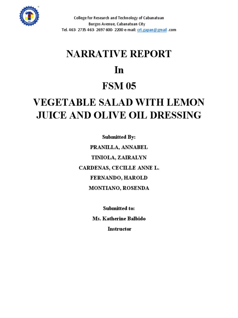 Narrative Report in FSM 05 Vegetable Salad With Lemon Juice and Olive ...