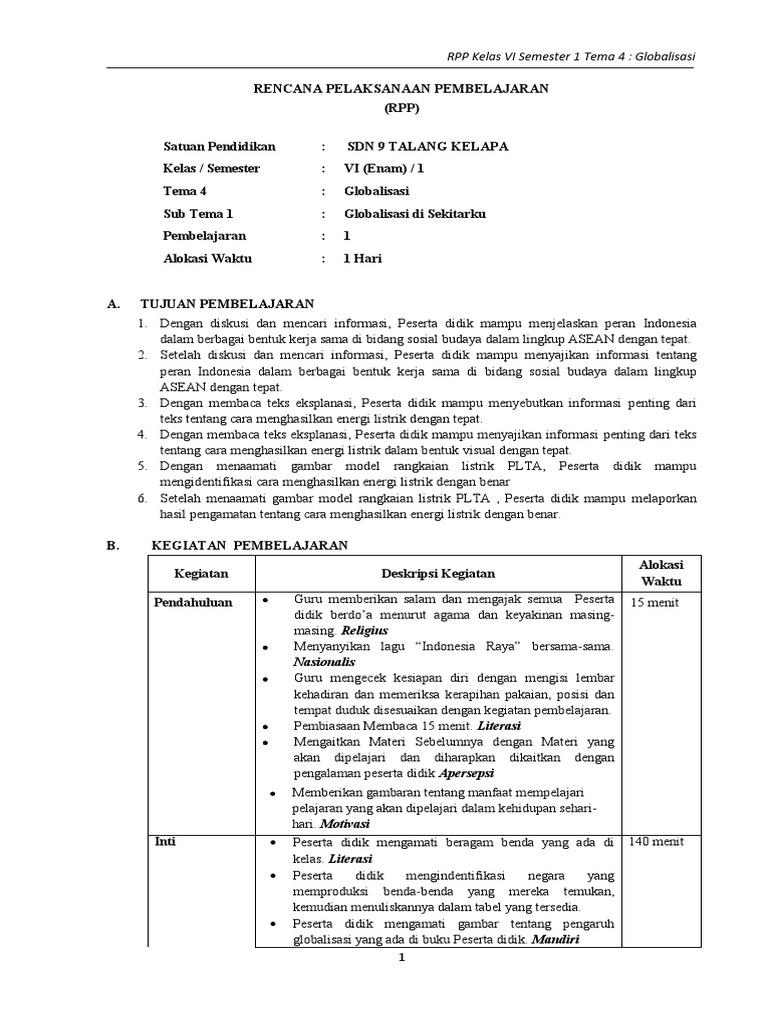 RPP SD Kelas 6 Tema 4 | PDF