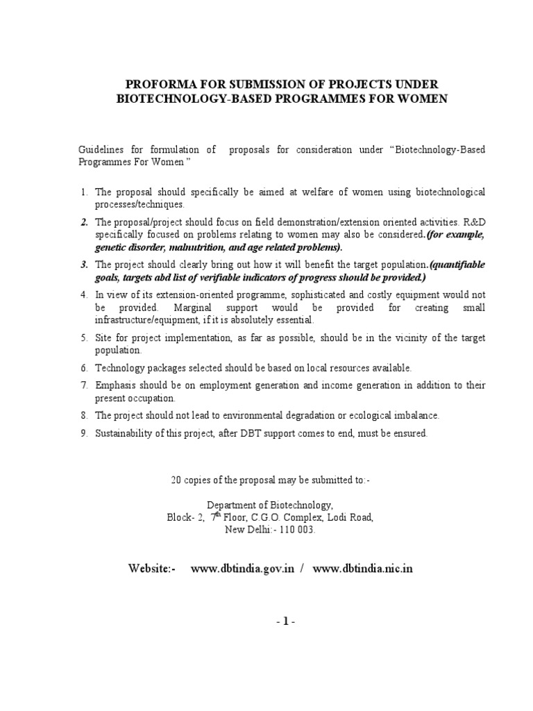 Proforma For Submission of Projects Under Biotechnology-Based ...