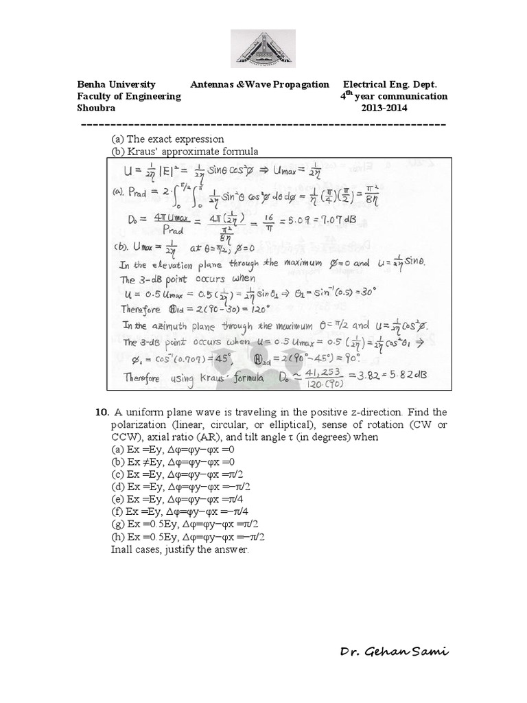 Benha University Antennas &wave Propagation Electrical Eng. Dept ...