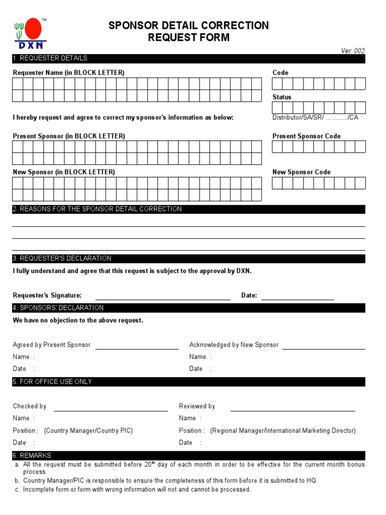 Sponsor Detail Correction Request Form: 1. Requester Details | PDF