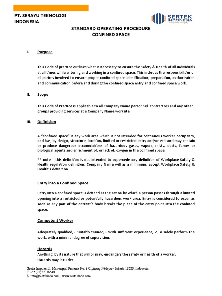 Sop Confined Space | PDF | Occupational Safety And Health | Personal ...