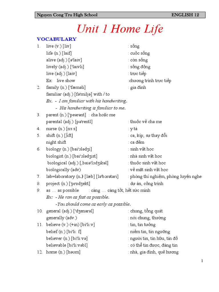 Unit 1 Home Life | PDF