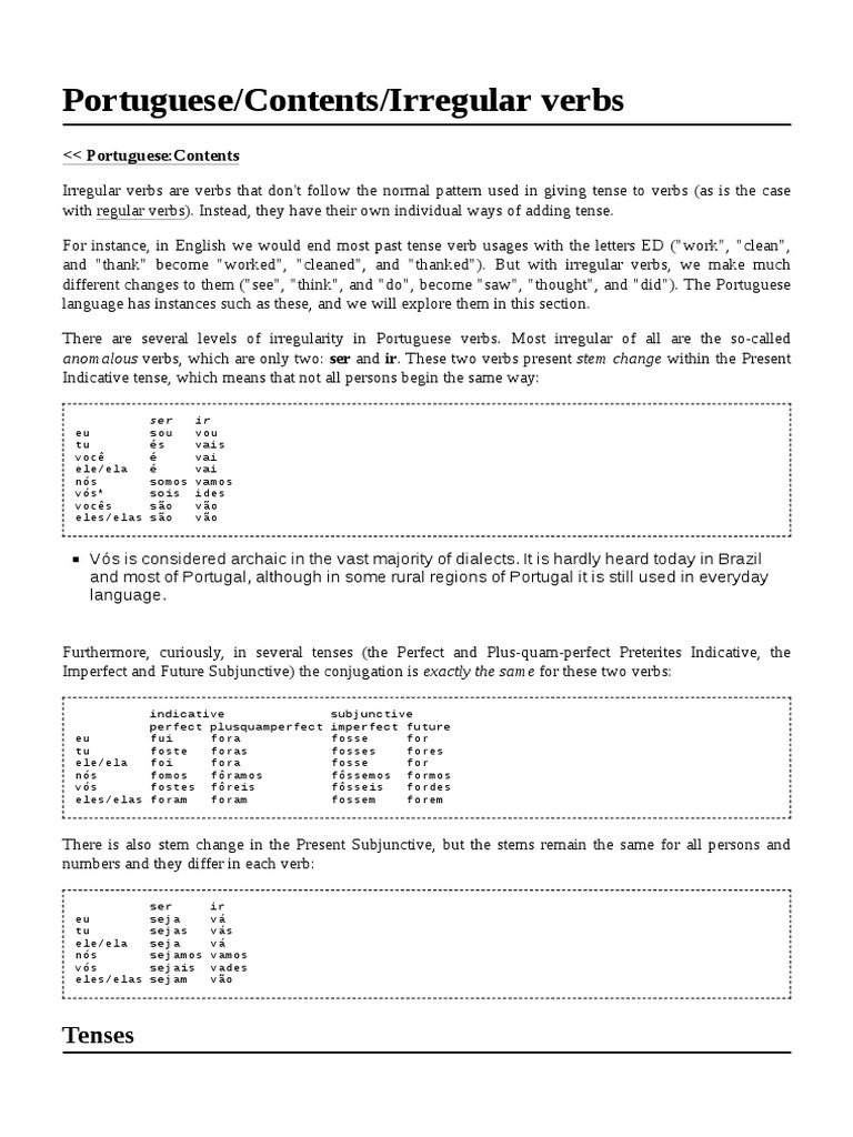 Portuguese/Contents/Irregular Verbs: Tenses | PDF | Grammatical Tense ...
