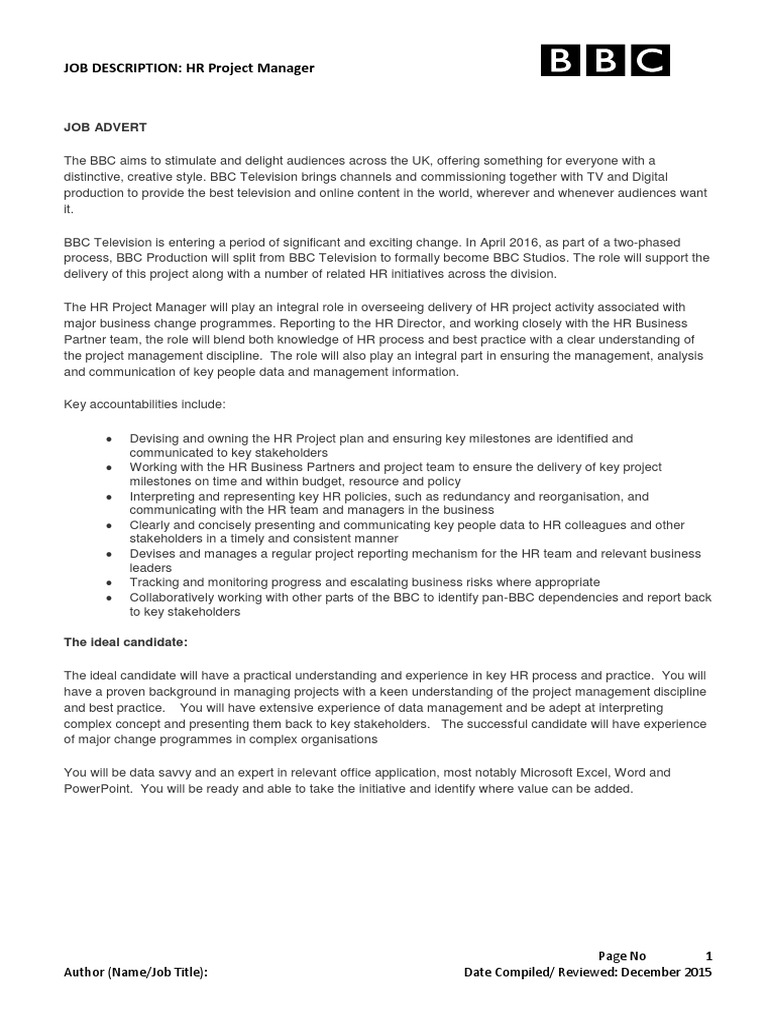 JOB DESCRIPTION: HR Project Manager | PDF | Bbc | Project Management
