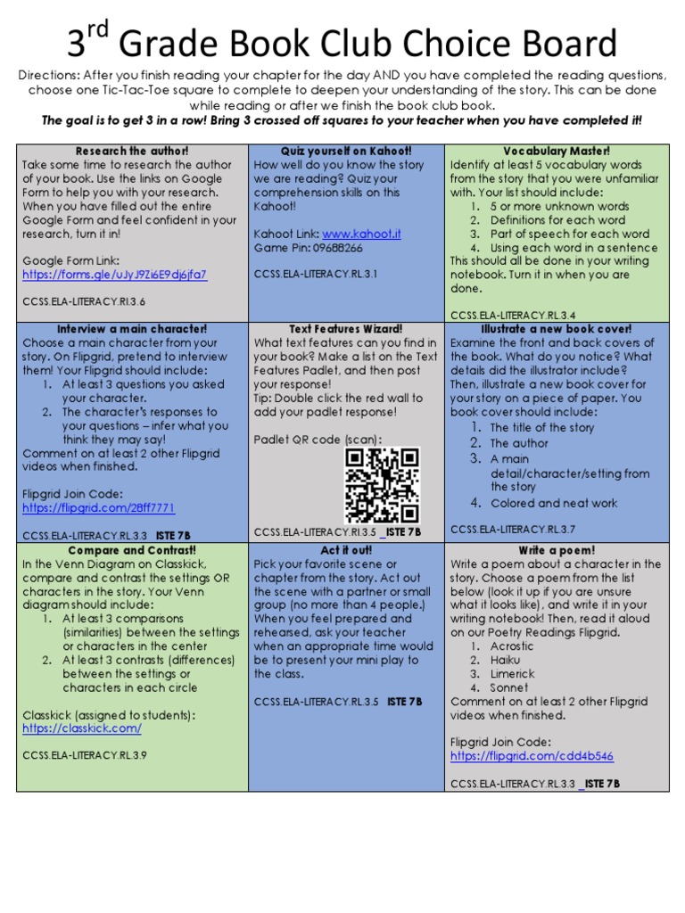 Book Club Choice Board | PDF | Reading Comprehension | Cognition