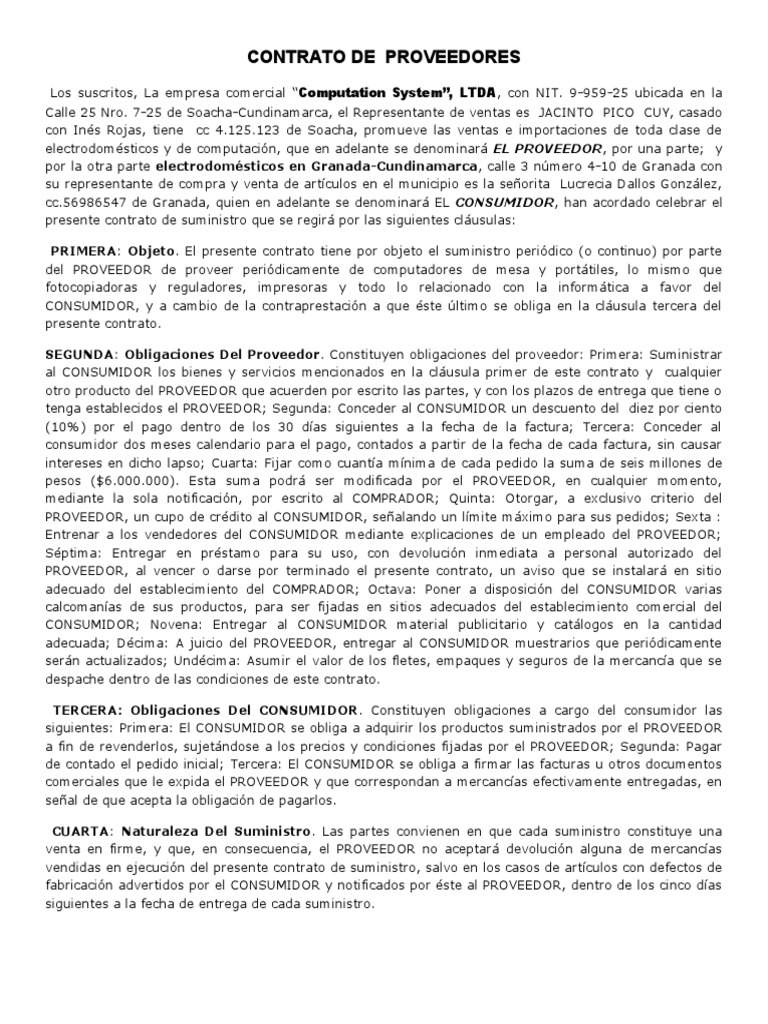 Contrato de Proveedores | Descargar gratis PDF | Los consumidores ...