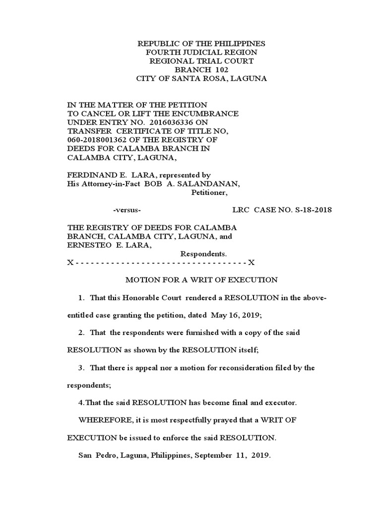 Motion For A Writ of Execution | Download Free PDF | Common Law | Courts