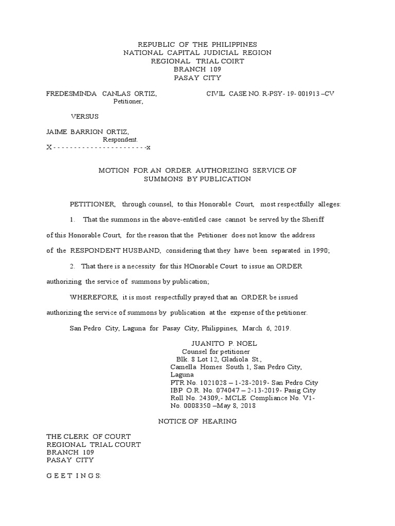 Motion To Serve Summons by Publication - Ortiz | PDF | Courts | Judiciaries