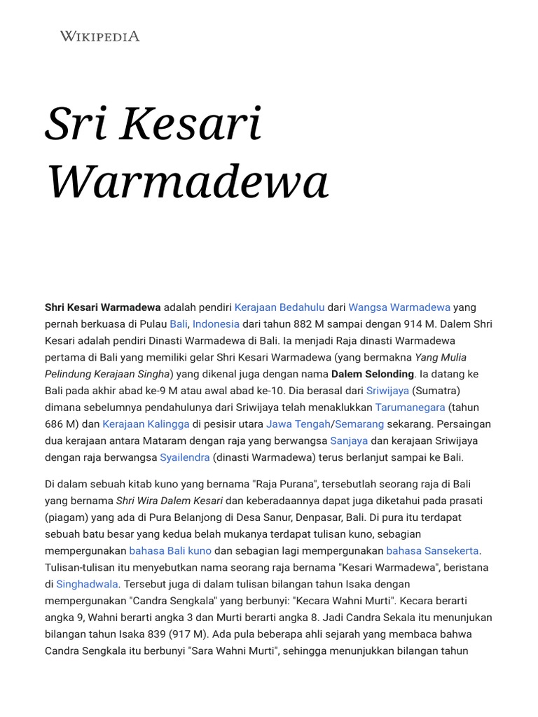Sri Kesari Warmadewa - Wikipedia Bahasa Indonesia, Ensiklopedia Bebas | PDF
