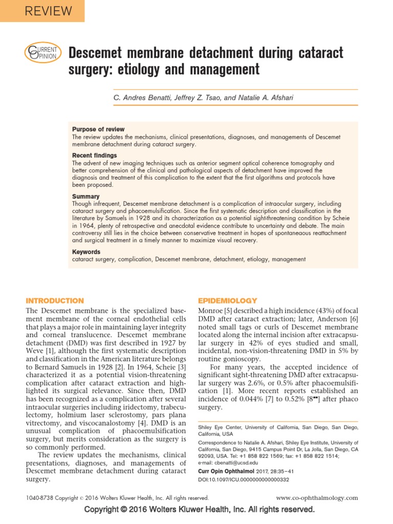 Descemet Membrane Detachment During Cataract Surgery: Etiology and ...