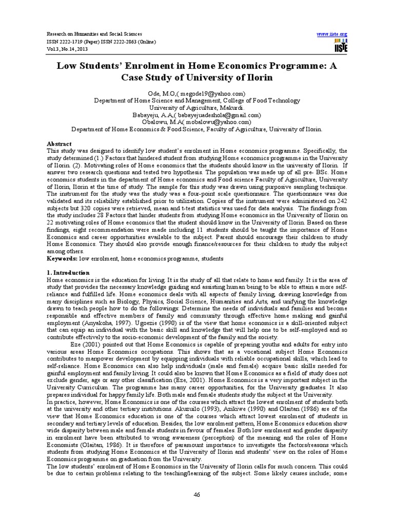 Low Students' Enrolment in Home Economics Programme: A Case Study of ...