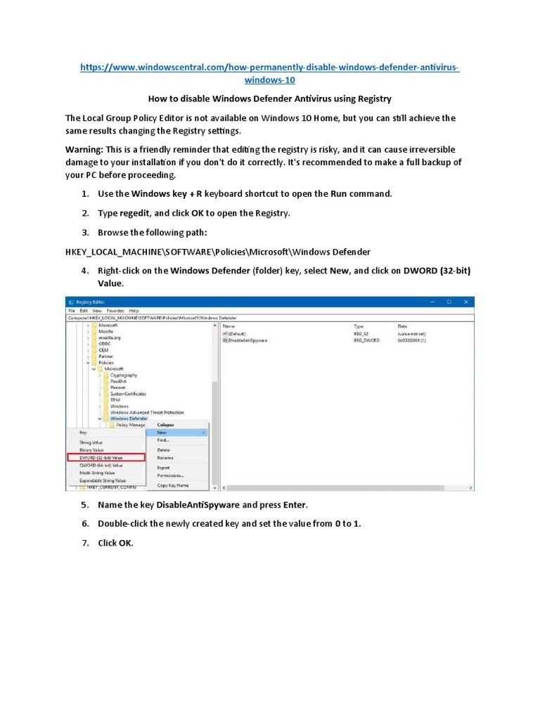 How To Disable Windows Defender Antivirus Using Registry | PDF | Computers