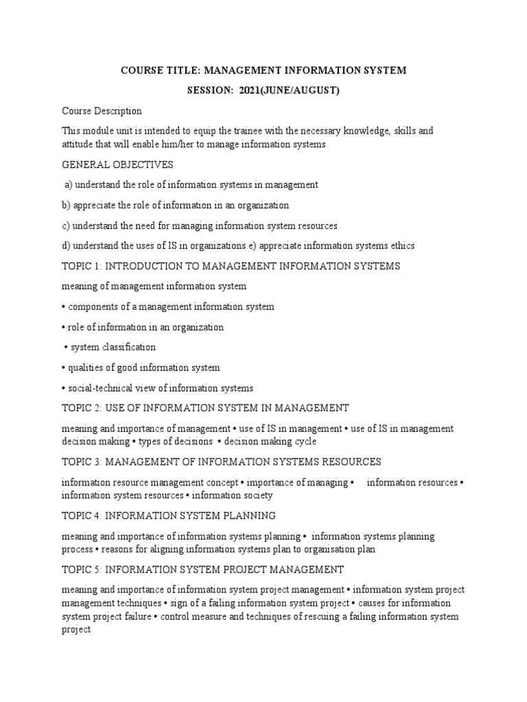 Course Outline Mis | PDF | Information System | System