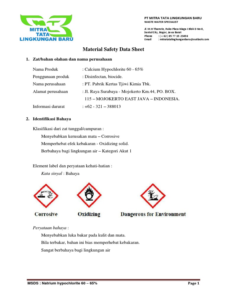 MSDS Natrium Hypoclorite 60-65% | PDF