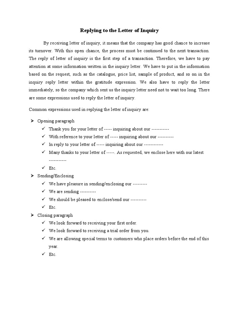 Replying To The Letter of Inquiry | PDF | Market (Economics) | Business