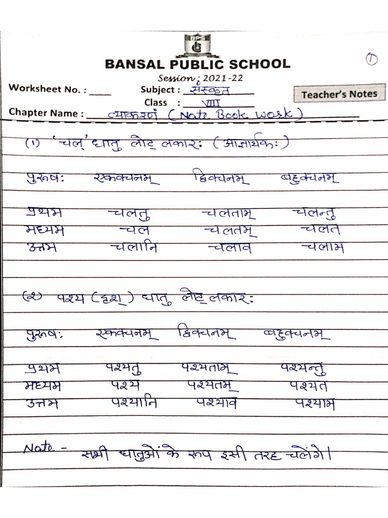 Class VIII Sanskrit (Grammar) Worksheet | PDF