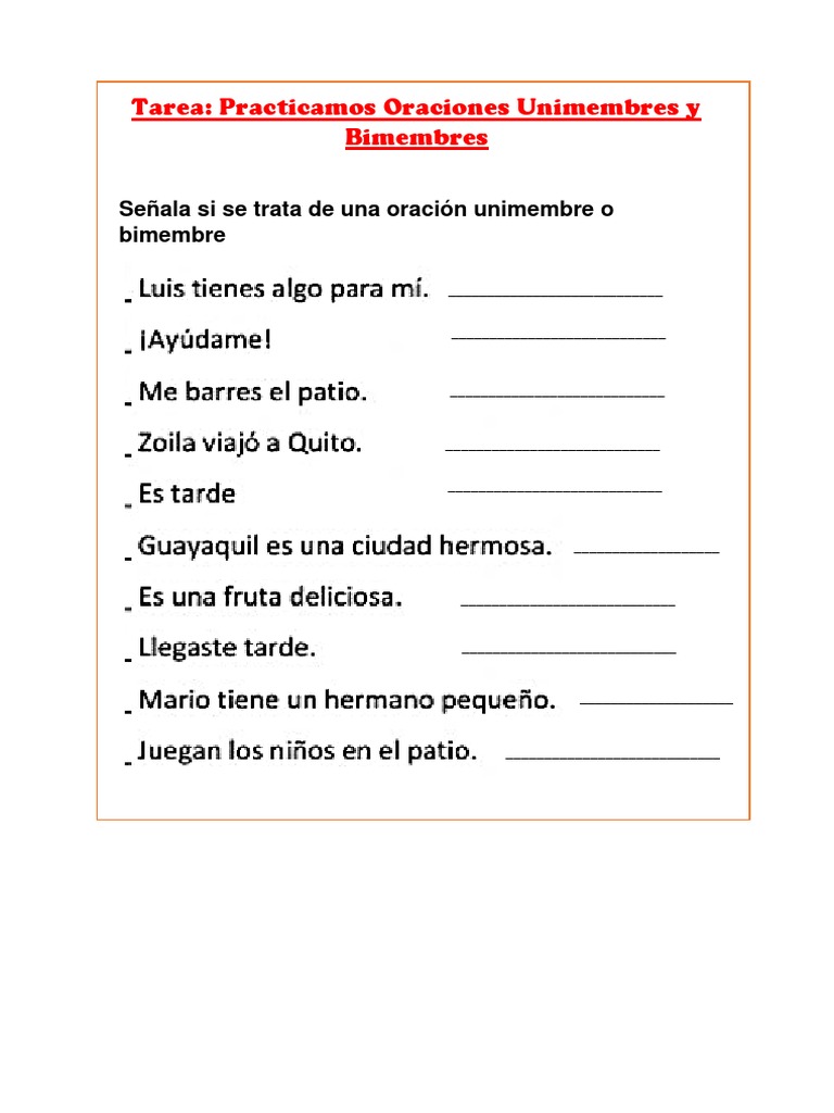 Tarea Practicamos Oraciones Unimembres y Bimembres | PDF