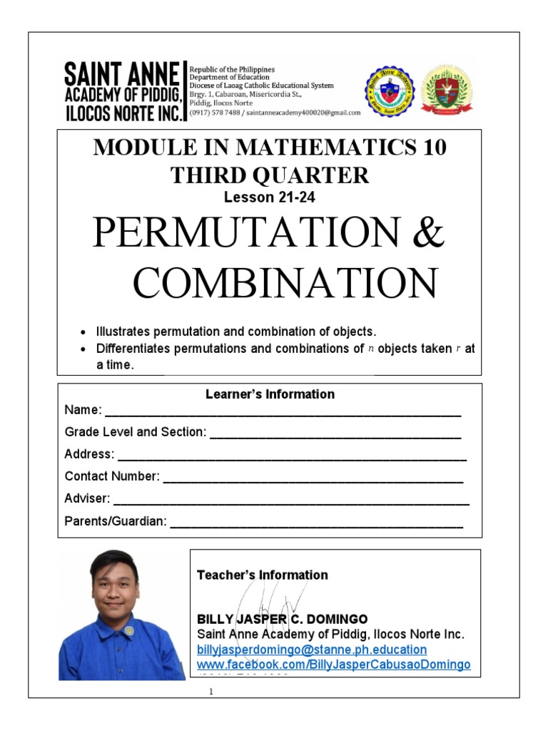 Permutation & Combination: Module in Mathematics 10 Third Quarter | PDF | Permutation | Discrete ...