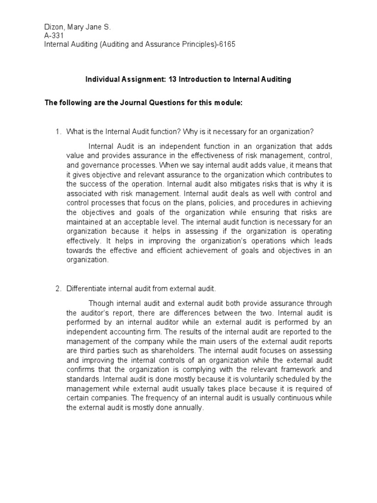 Individual Assignment: 13 Introduction To Internal Auditing The ...