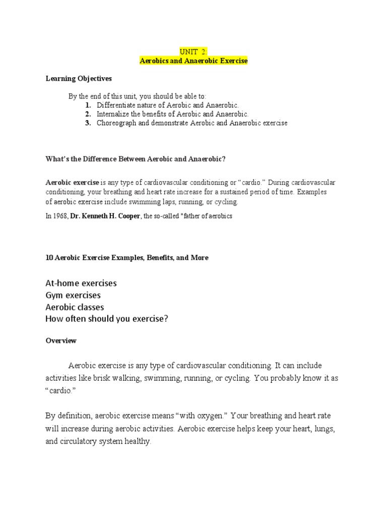 Unit 2 Aerobic and Anaerobic Exercise | PDF | Aerobic Exercise | High ...