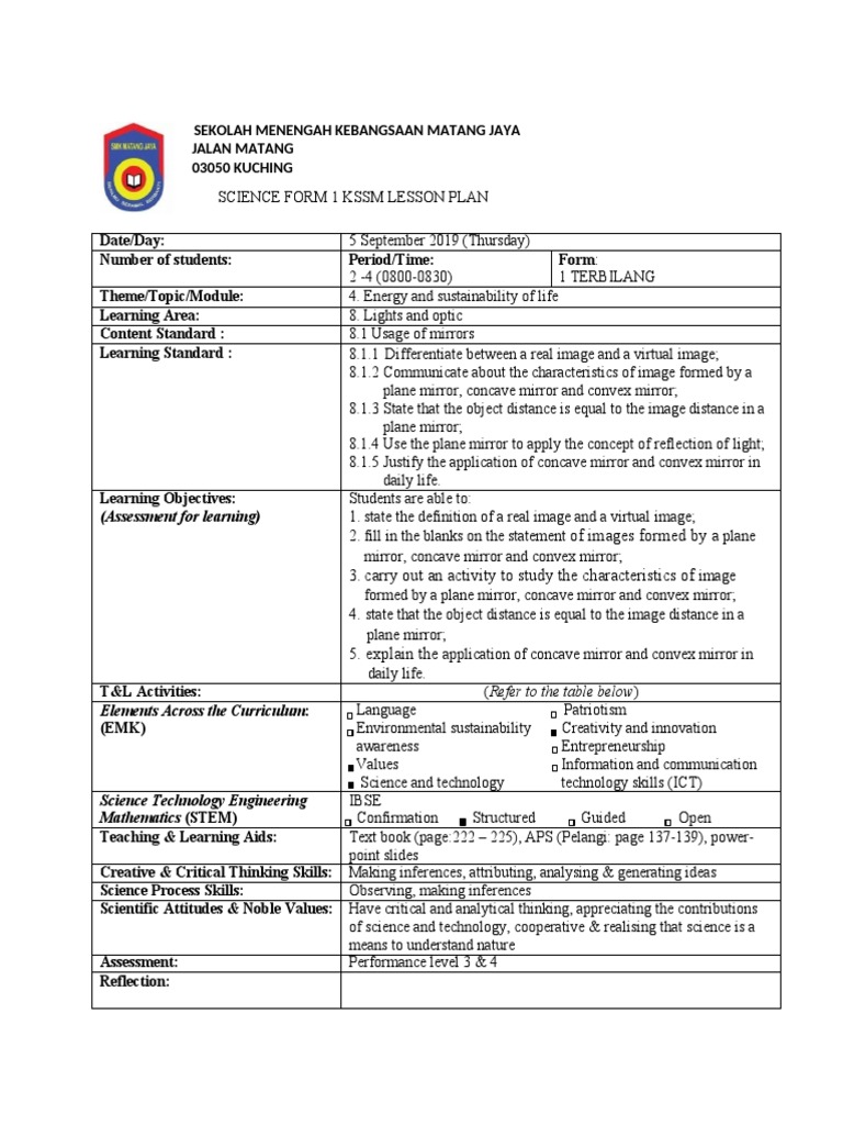 Template Lesson Plan Slot 17 | PDF | Mirror | Critical Thinking