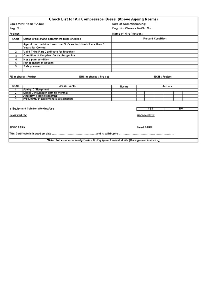 Check List For Air Compressor-Diesel (Above Ageing Norms) | PDF