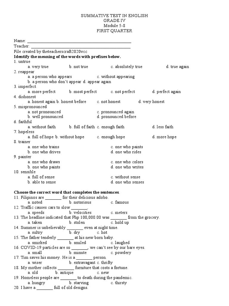 Grade IV English Summative Test | PDF